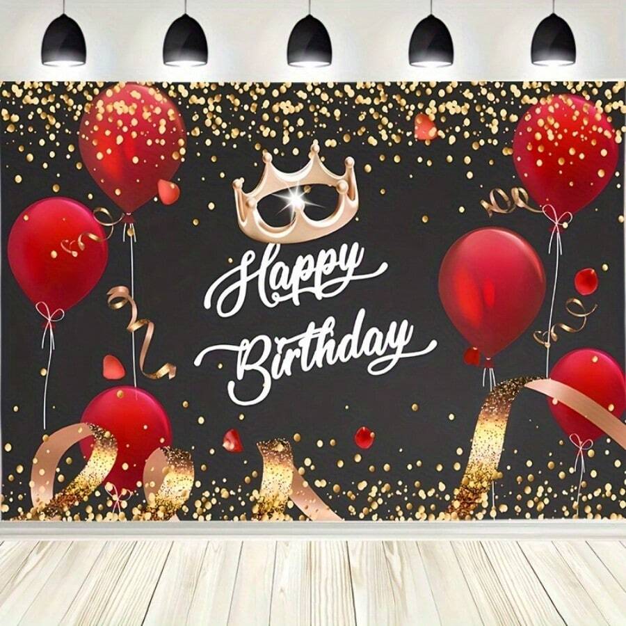 1pc Happy Birthday Backdrop Red And Black Balloons Golden Crown ...