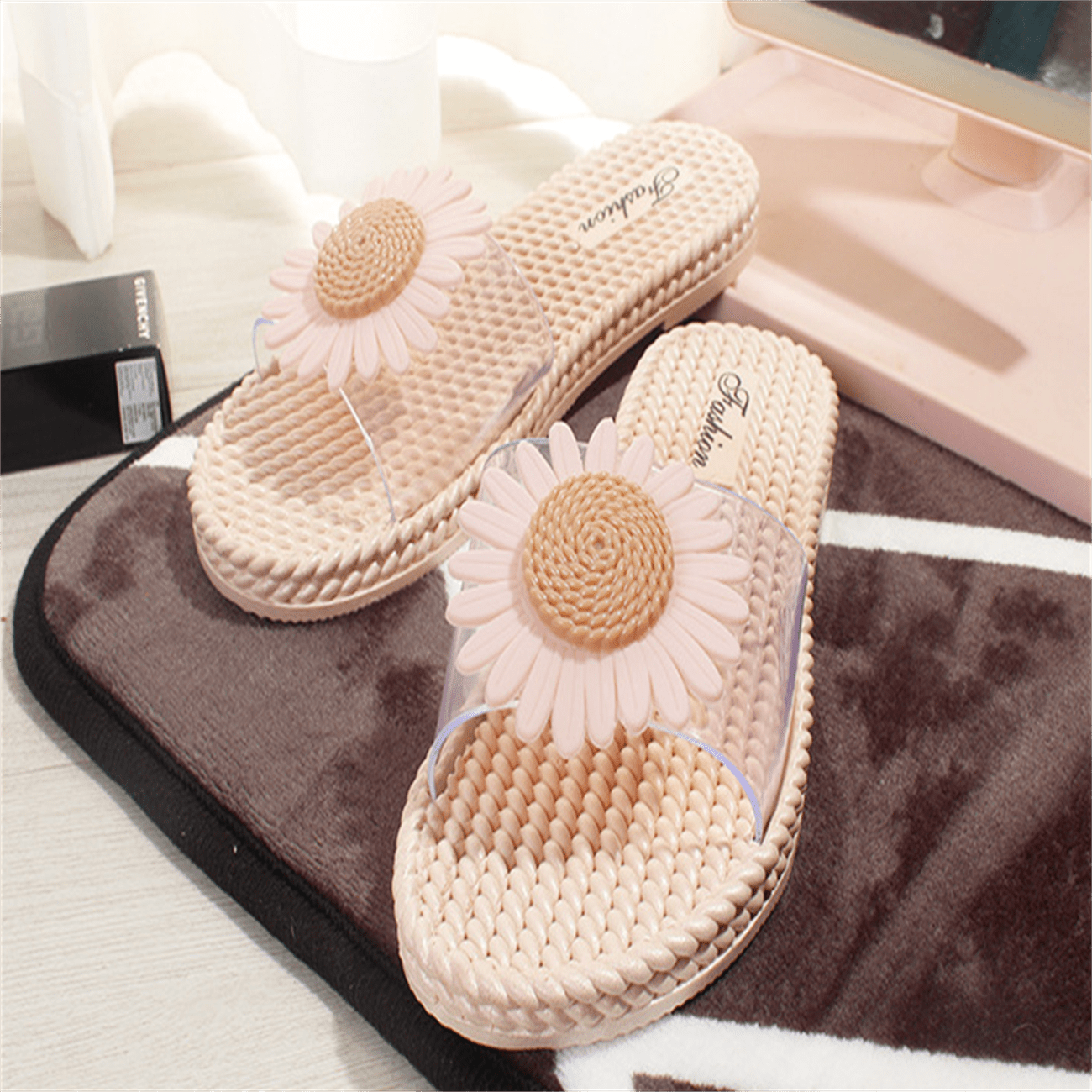 Women'S Sunflower Woven Rattan Slippers, Women'S Transparent One-Word ...