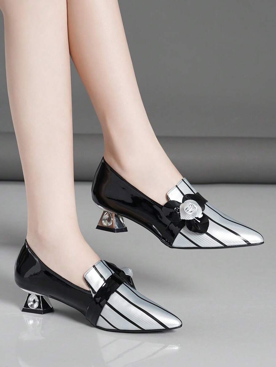 Women's Floral Color-Block Pointed Toe Chunky Heel Pumps, Floral Closed ...