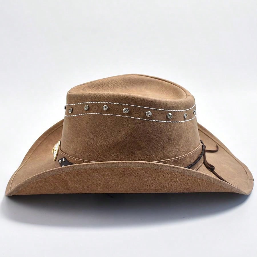 100% Leather Western Cowboy Hat Bull Shaped Decor Panama Hats For Men ...