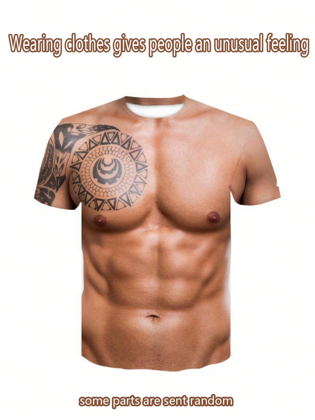 1pc Popular Fake Abs Chest & Eight-Pack Abs Printed Short Sleeve T ...