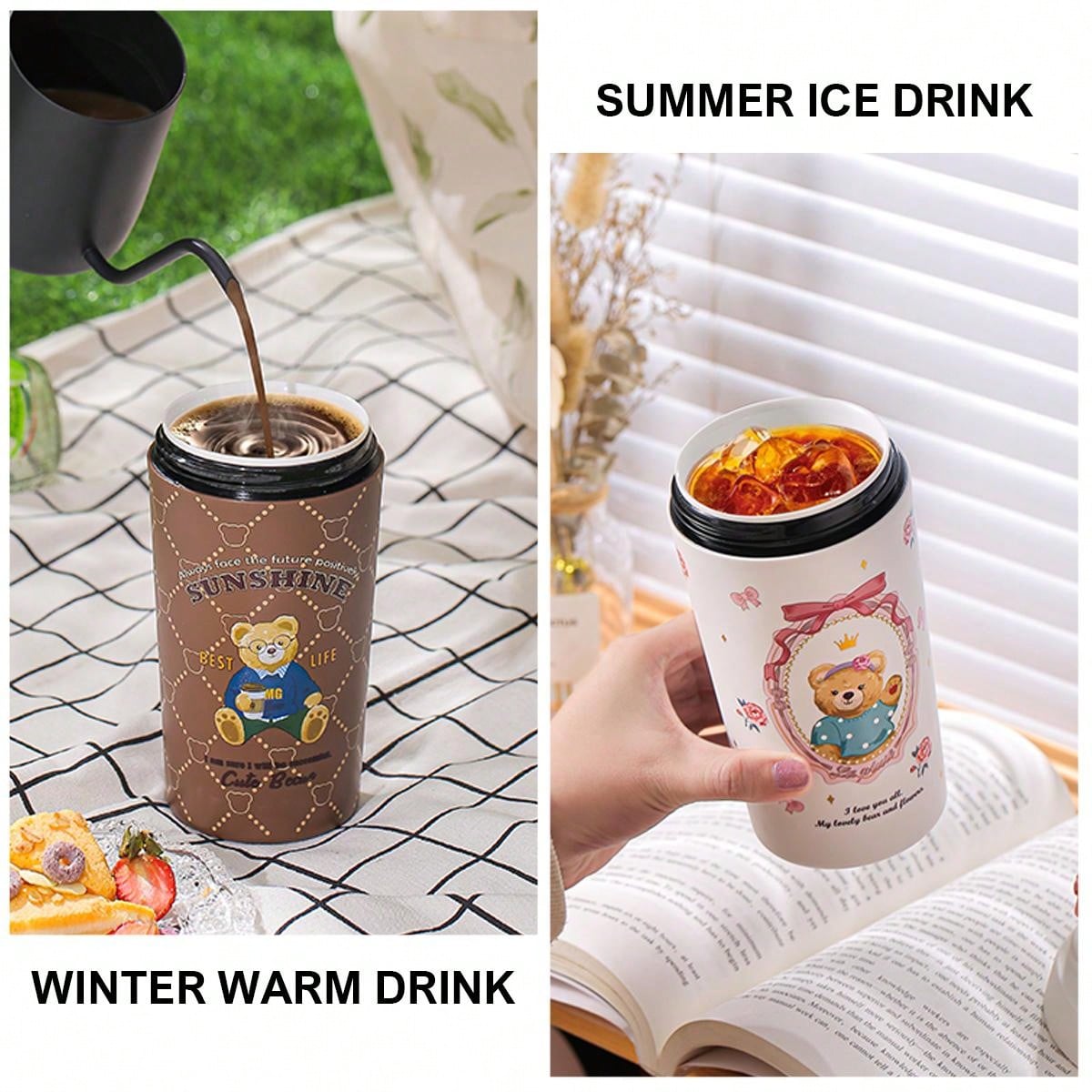 480ml Cute Bear Coffee Travel Mug For Couples With Ceramic Inner, Straw, And Portable Design ...