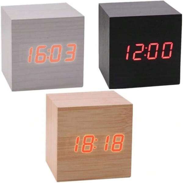 Wood Pattern Cube LED Clock Sound-Controlled Electronic Digital Alarm Clock With Snooze Function ...