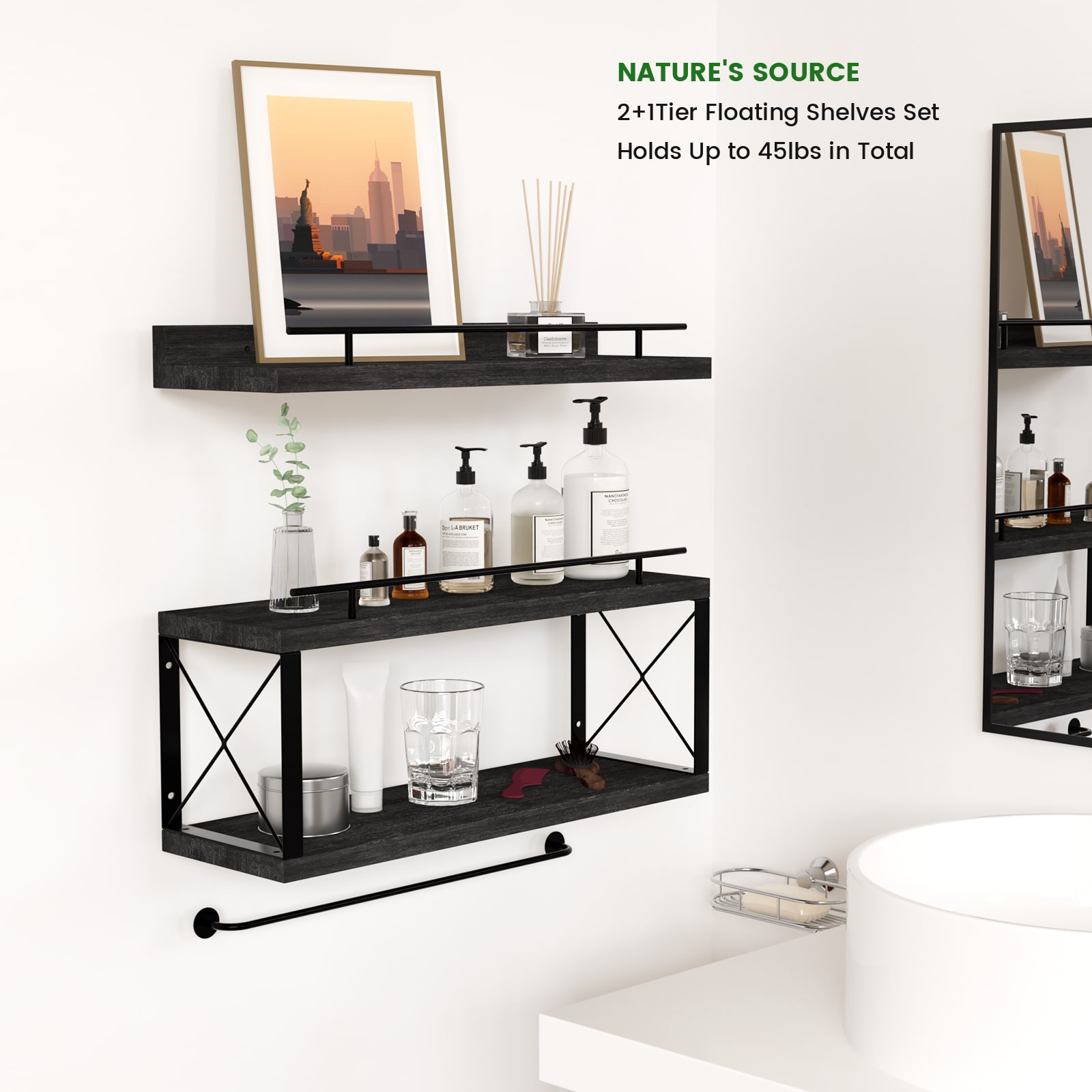 3 Tier Floating Bathroom Shelves Over Toilet With Towel Bar- Floating ...