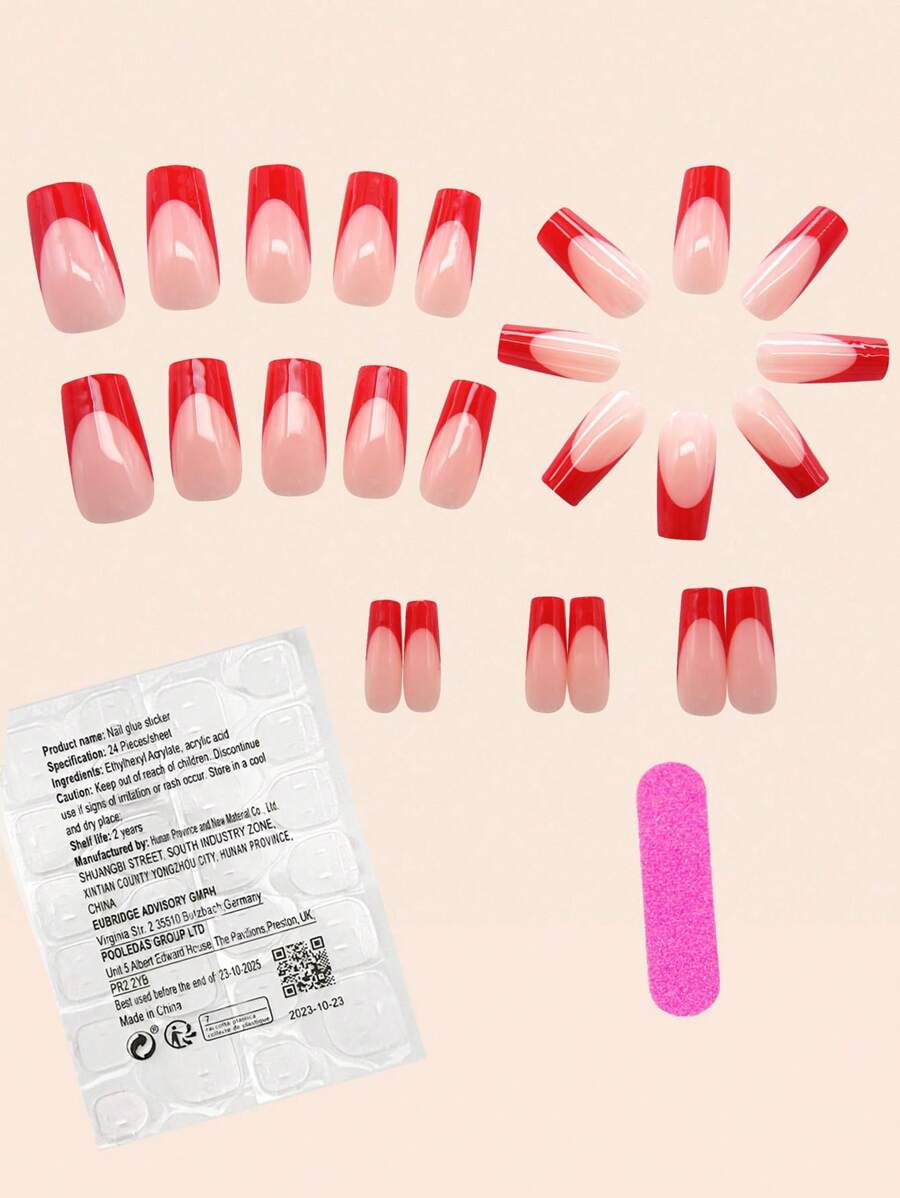 24pcs/Box Medium Long Water Pipe Red French Style Press On False Nails ...