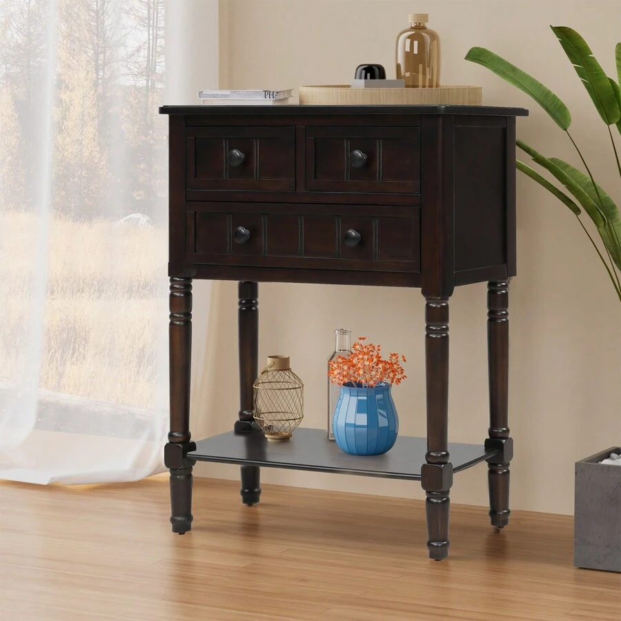 KAMIDA Narrow Console Table With Drawers And Bottom Shelf, Small ...