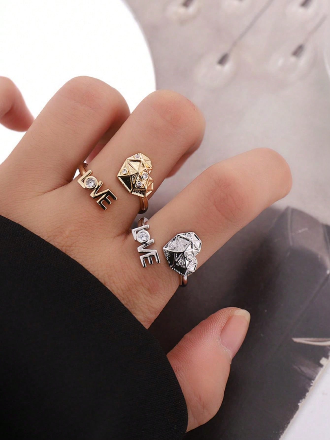 2pcs Heart Shape Ring Set, Including Personality Finger And Adjustable ...