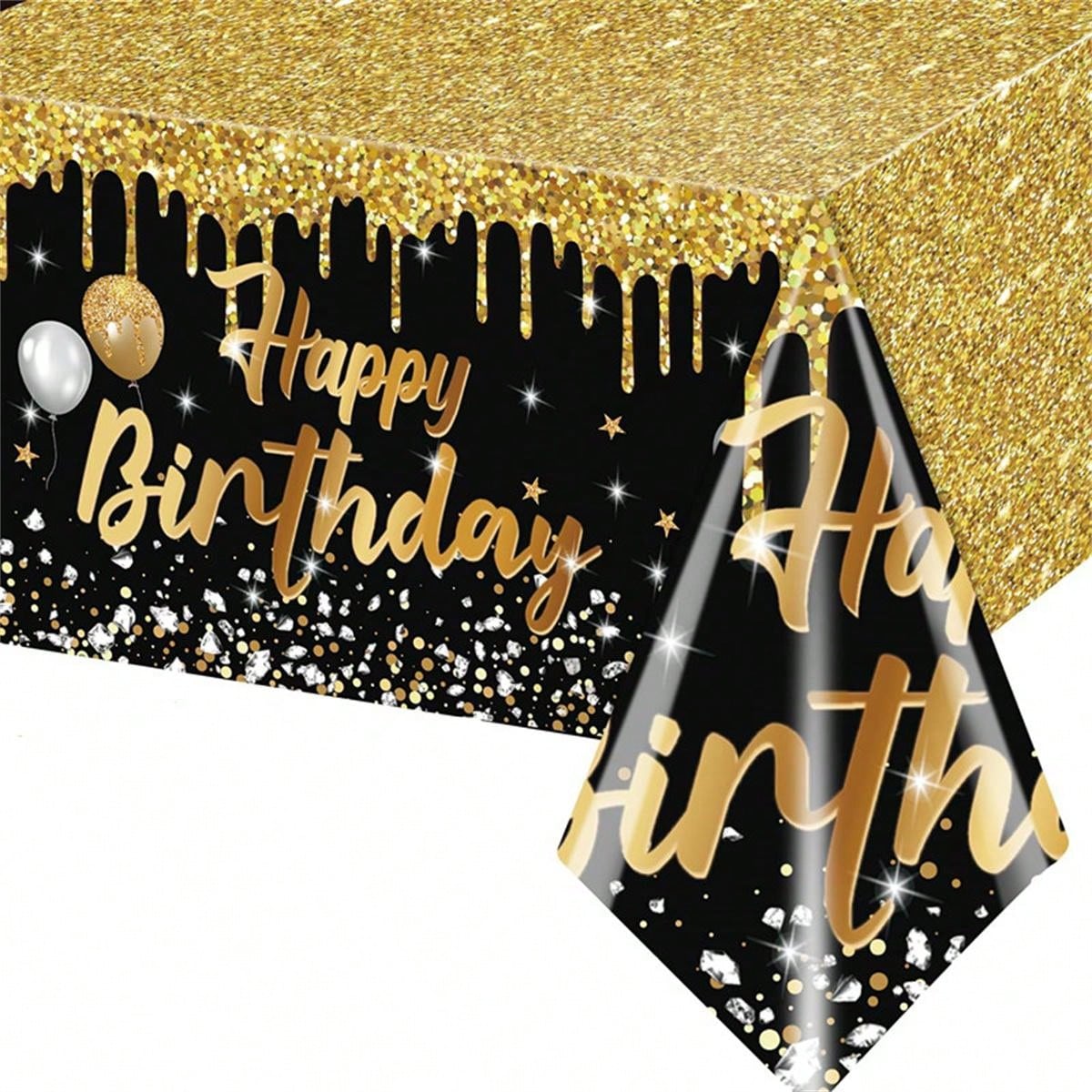 1Pc, Happy Birthday Tablecloth, Black And Golden Rectangle Table Covers ...