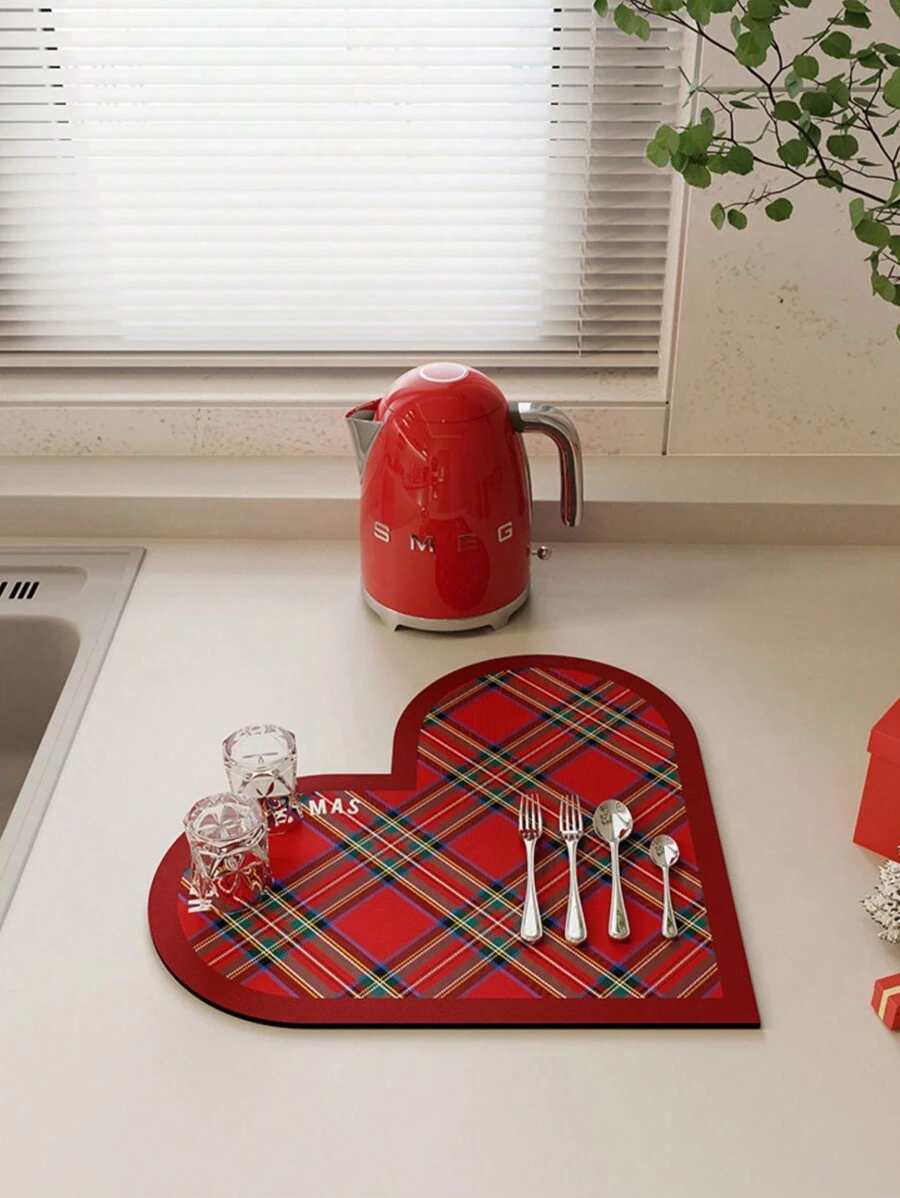 1pc Red Heart Shaped Kitchen Drainage Mat, Scottish Plaid Sink Counter ...