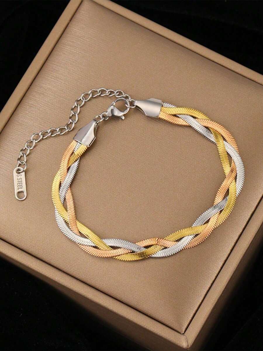 1pc Tri-Color Braided Bracelet In Golden Stainless Steel For Unisex ...