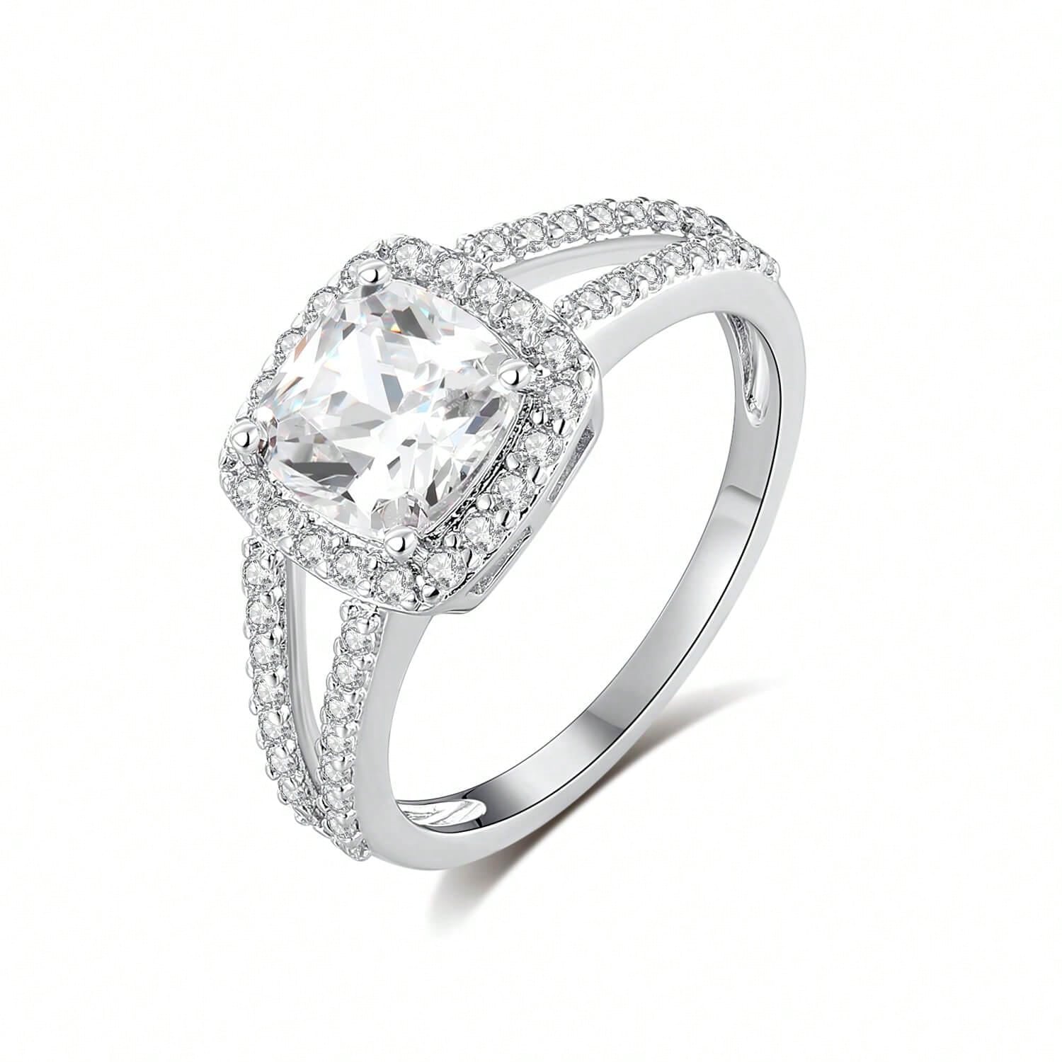 18K White Gold Plated Cubic Zirconia Promise Halo Engagement Promise ...