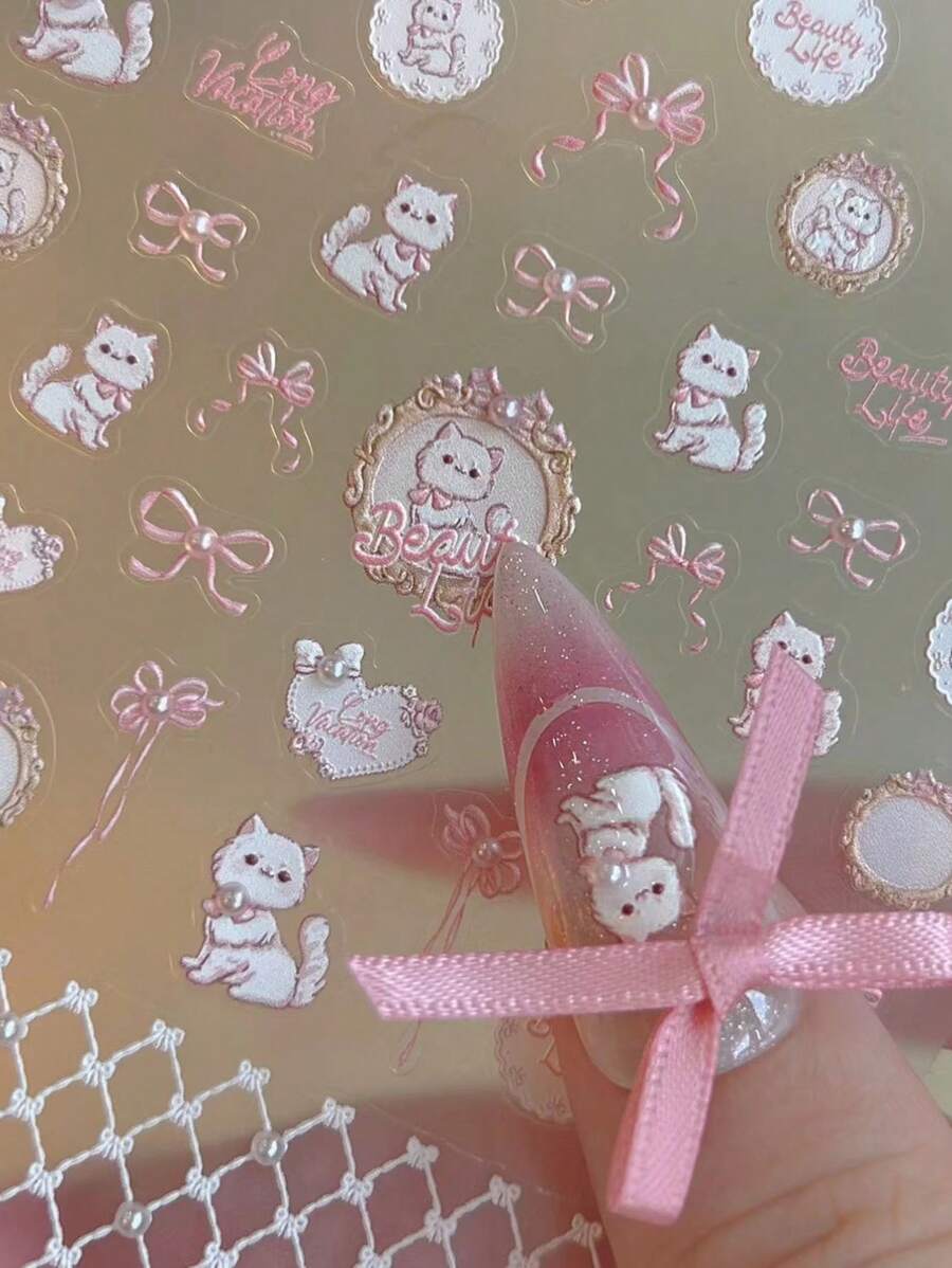 1pc 5d Embossed Pink Heart Shaped Cat Sticker Without Pearls For Multi ...