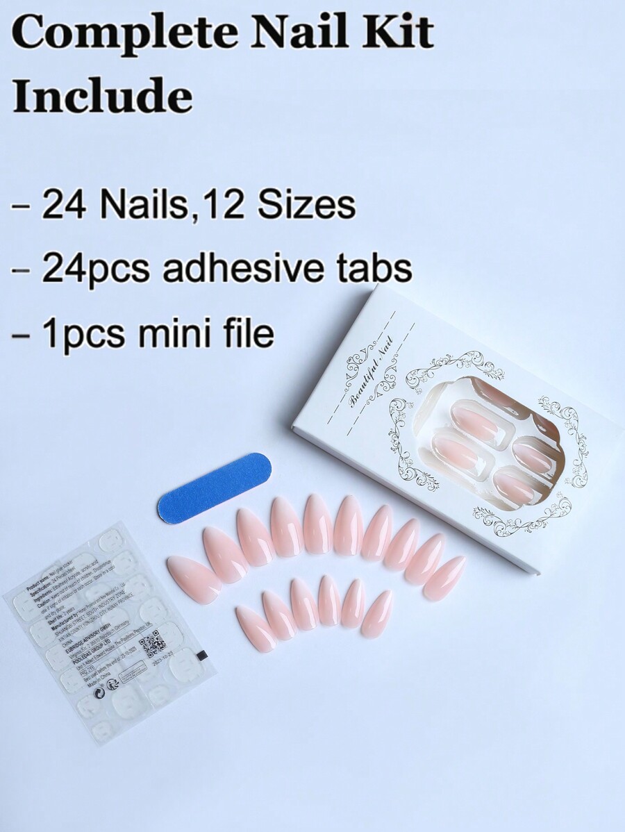 24pcs/set Long Almond Shaped French Style Sakura & Milk White Ombre ...