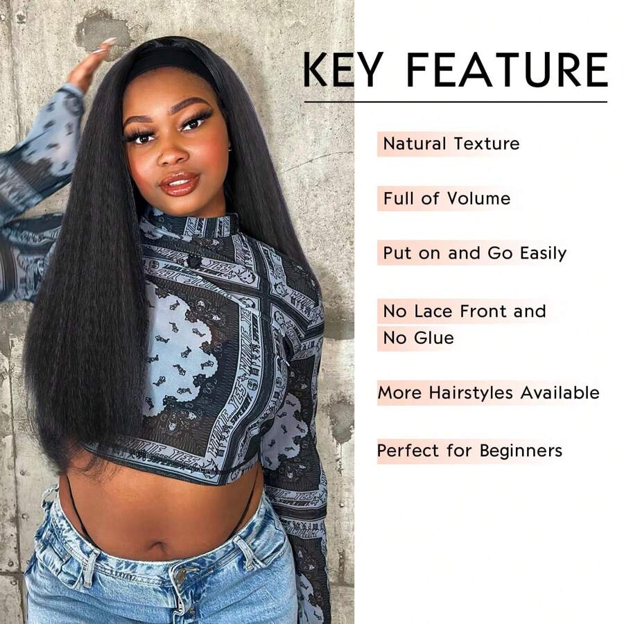 14 بوصة شعر رأس العصابة المستقيم الكينكي للنساء، شعر مستقيم ياكي ستريت ...