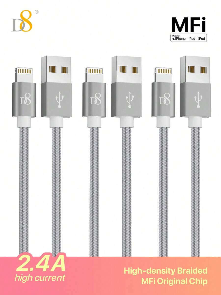D8 IPhone Charger Cable,(3 Packs 3.3FT) New Nylon USB A To Lightning ...
