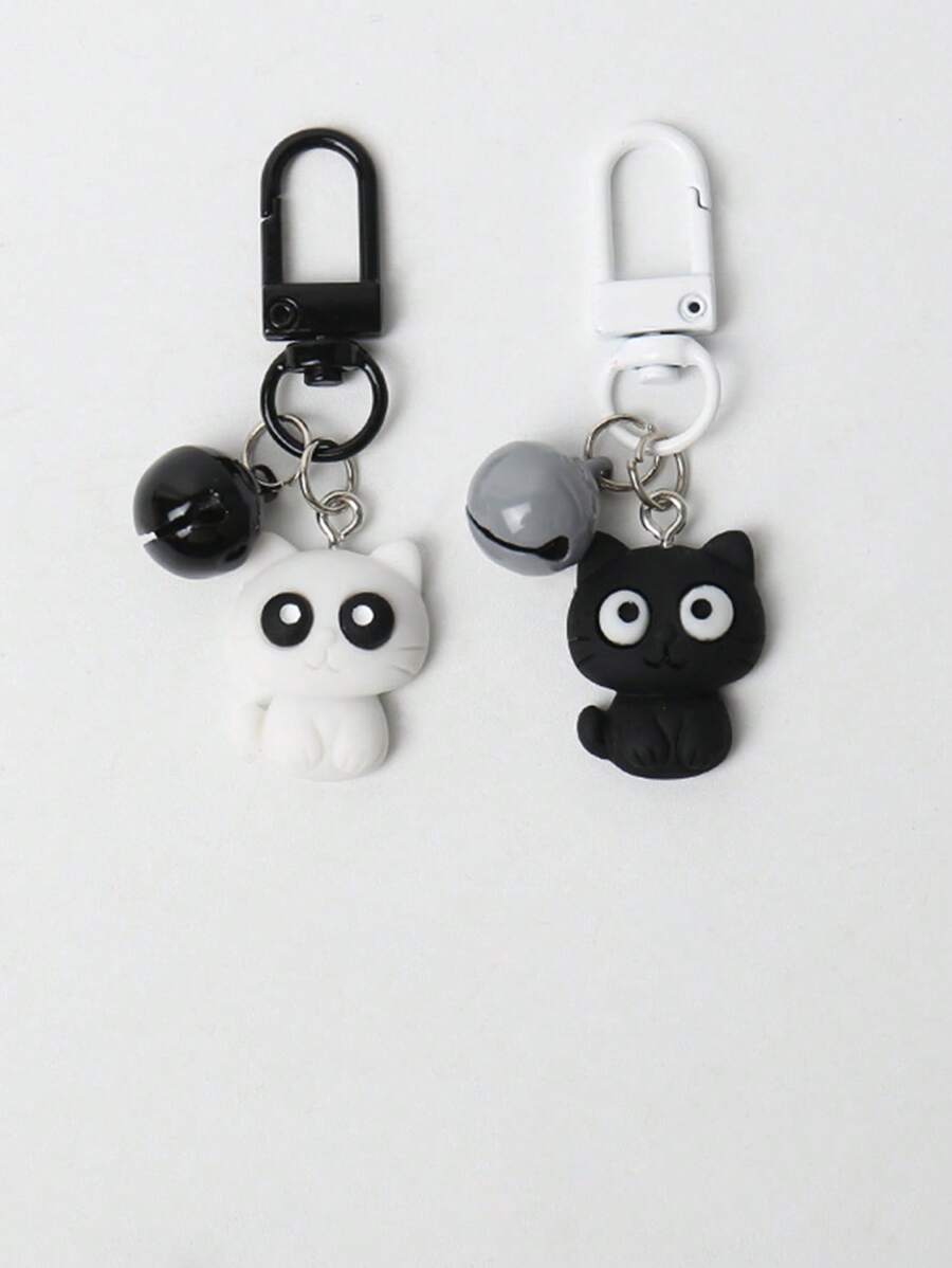 2pcs Black & White Cat Shaped Keychain For Backpack, School Bag, Daily ...
