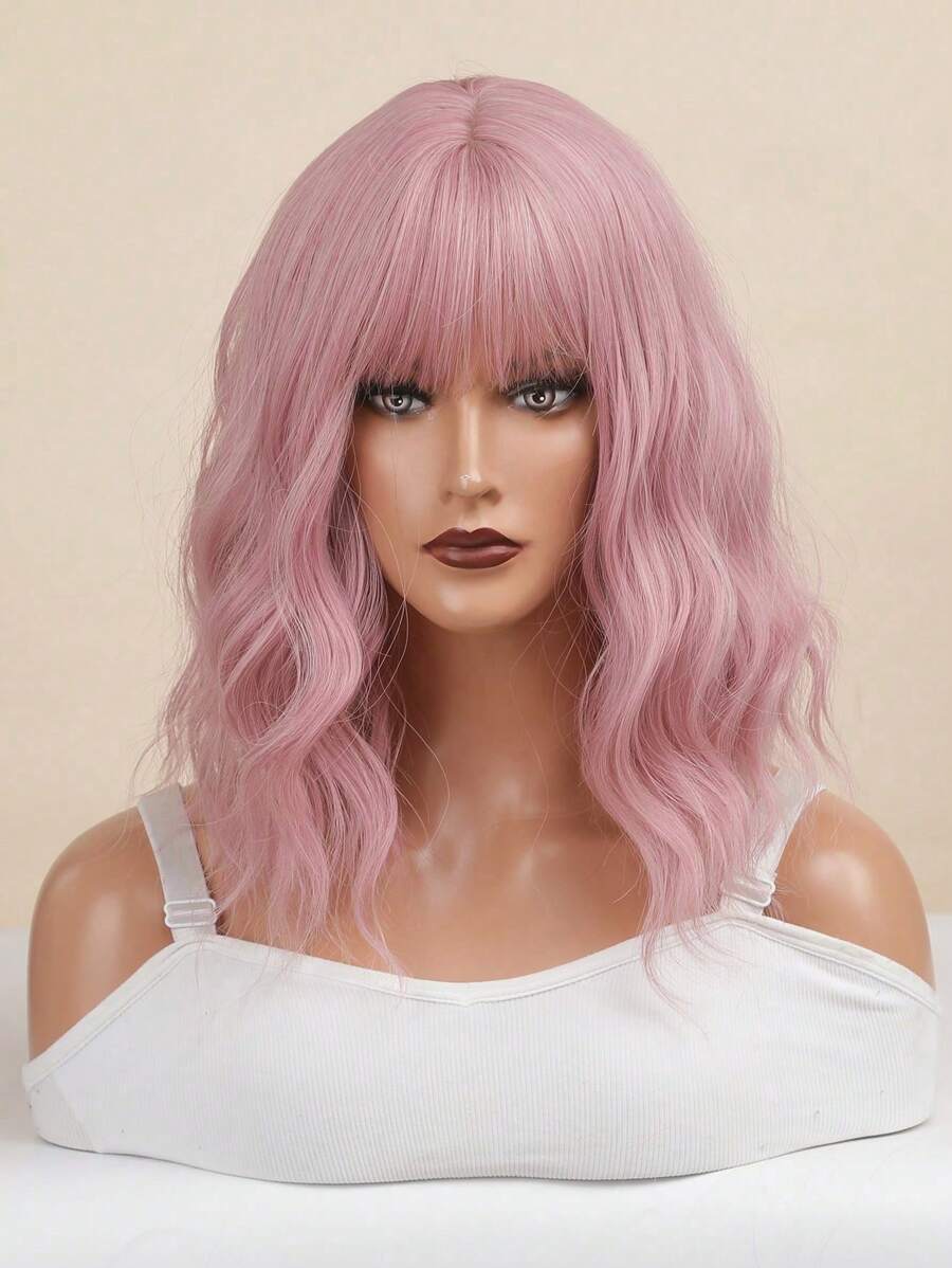 HAIRCUBE 14" Women Short Wavy Curly Wig Light Pink Wig For Cosplay Synthetic Wigs With Bangs Wig ...
