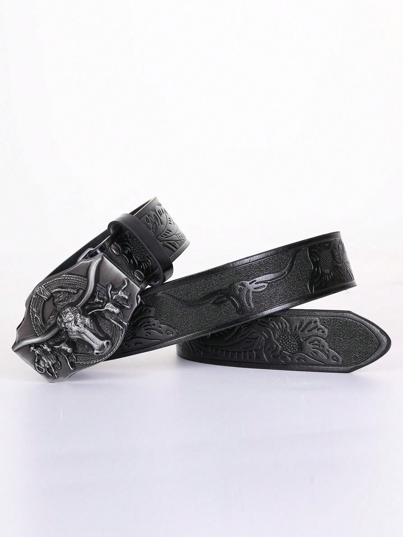 Bull Head Buckle Western Cowboy Belt With Adjustable Waist Strap | SHEIN UK