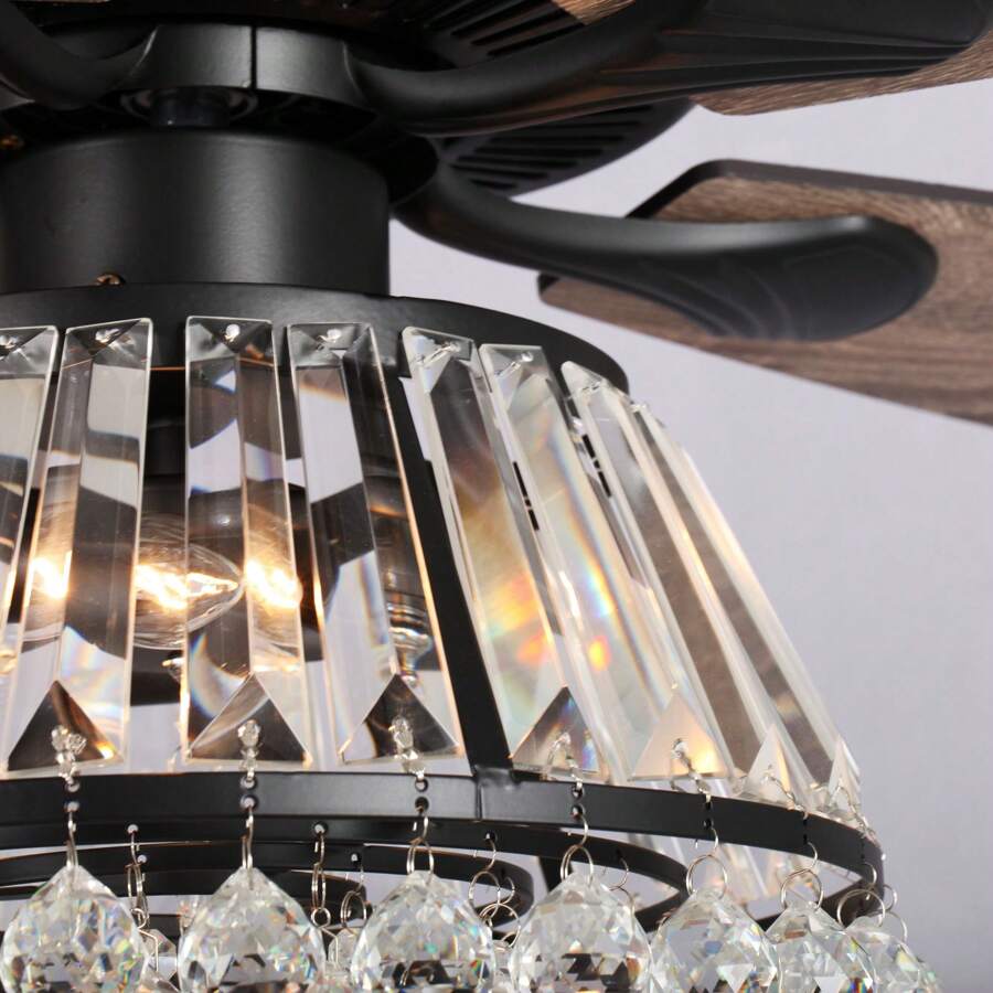 52 In. Indoor Black Downrod Mount Crystal Ceiling Fan With Light Kit ...