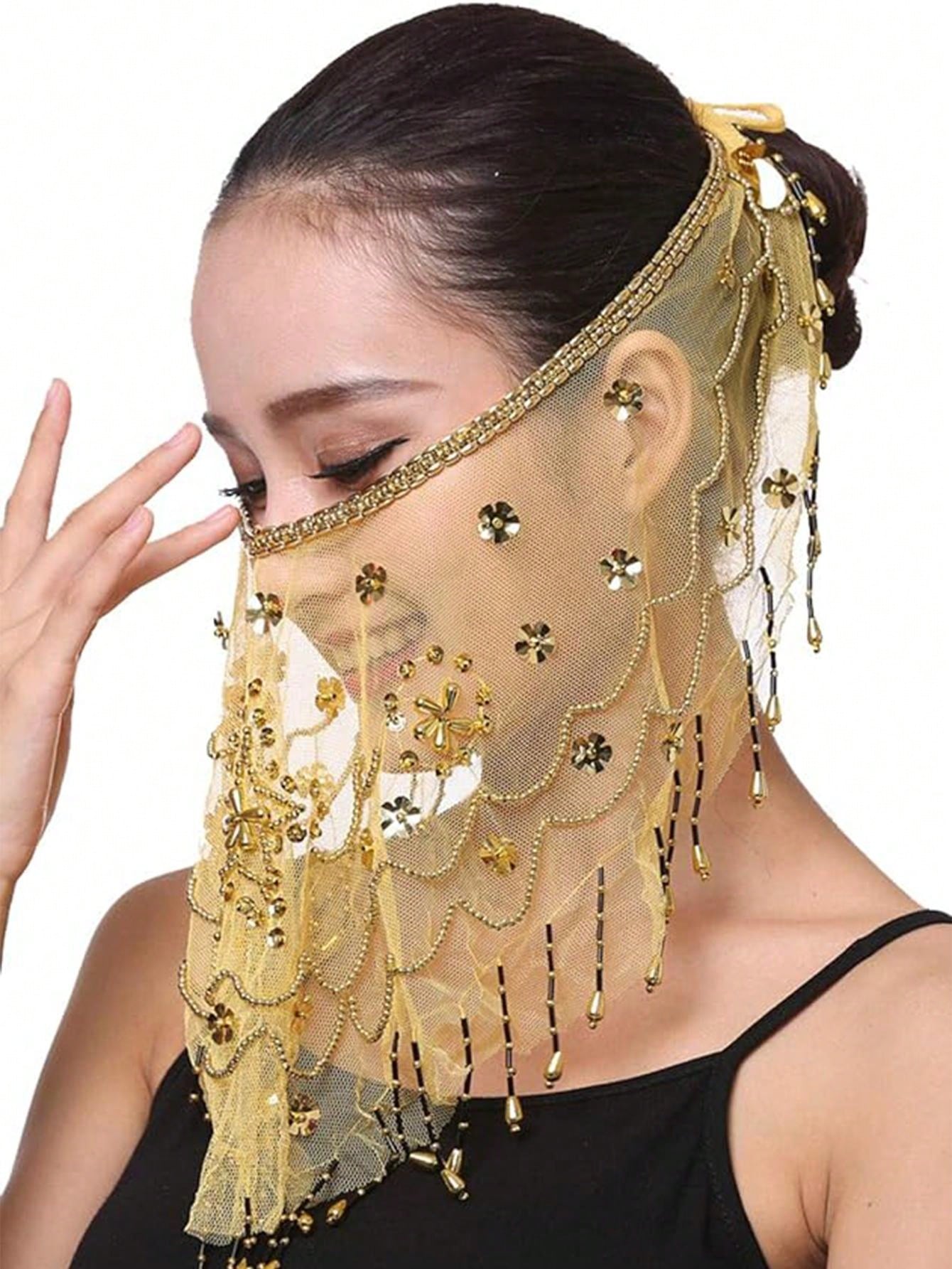 Women Belly Dance Face Veil With Beads Sequins Halloween Costume