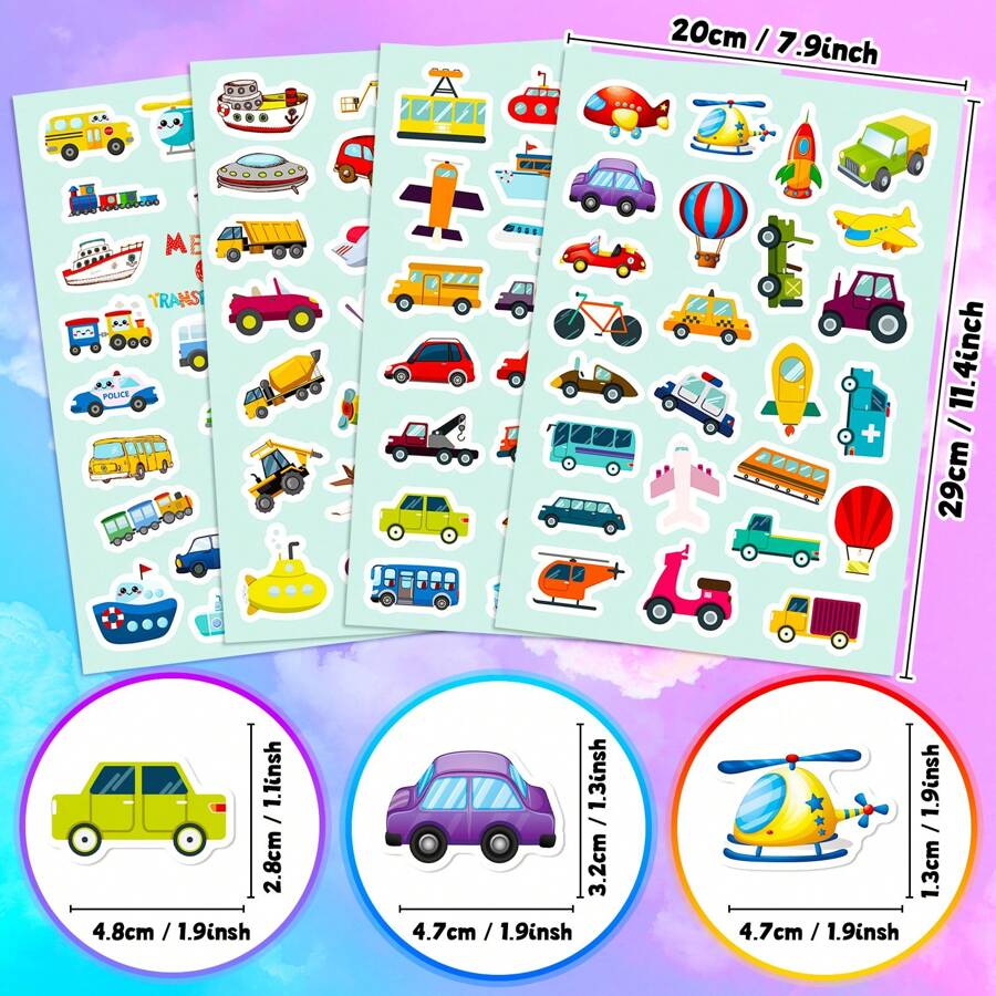 4 Sheets Car Stickers For Water Bottles, 100 Cartoon Transportation ...