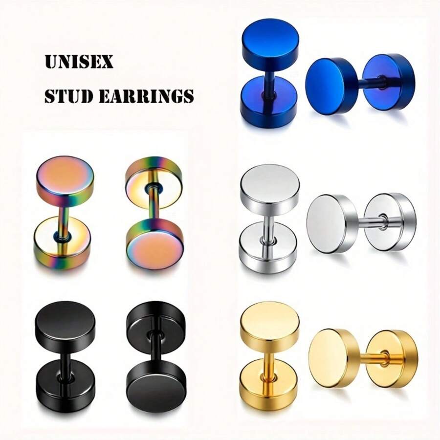 1pc Stainless Steel Screw Flat Back Disc Stud Earrings For Men Women ...
