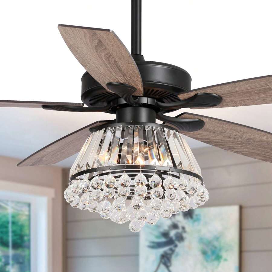 52 In. Indoor Black Downrod Mount Crystal Ceiling Fan With Light Kit ...
