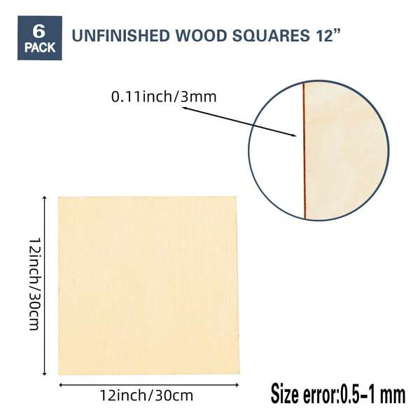 12x12 Inch 6 Pack 3mm Thick Unfinished Wood Squares Boards For Crafts ...