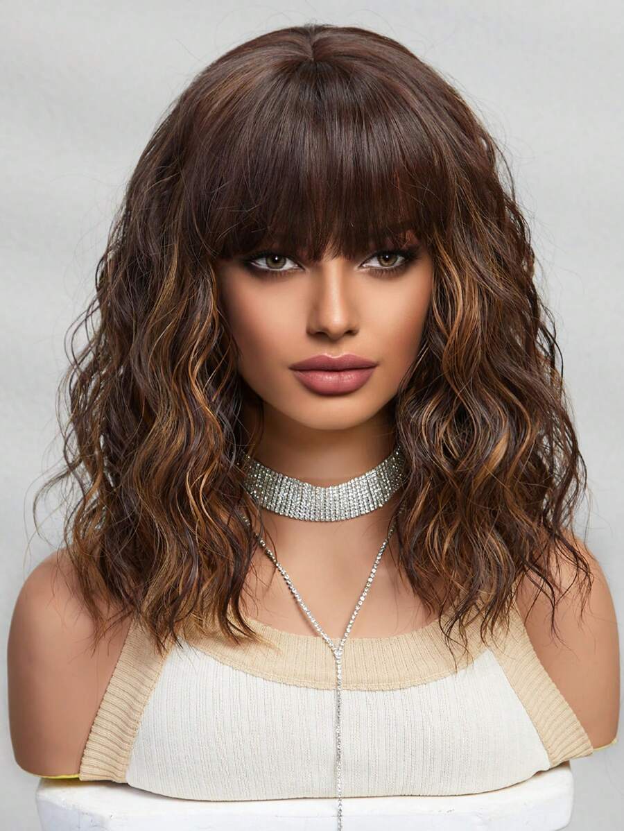 14-Inch Short Bob Wave Curly Wig Synthetic Fringe Wig Synthetic Weave Women's Wig Girl Holiday ...