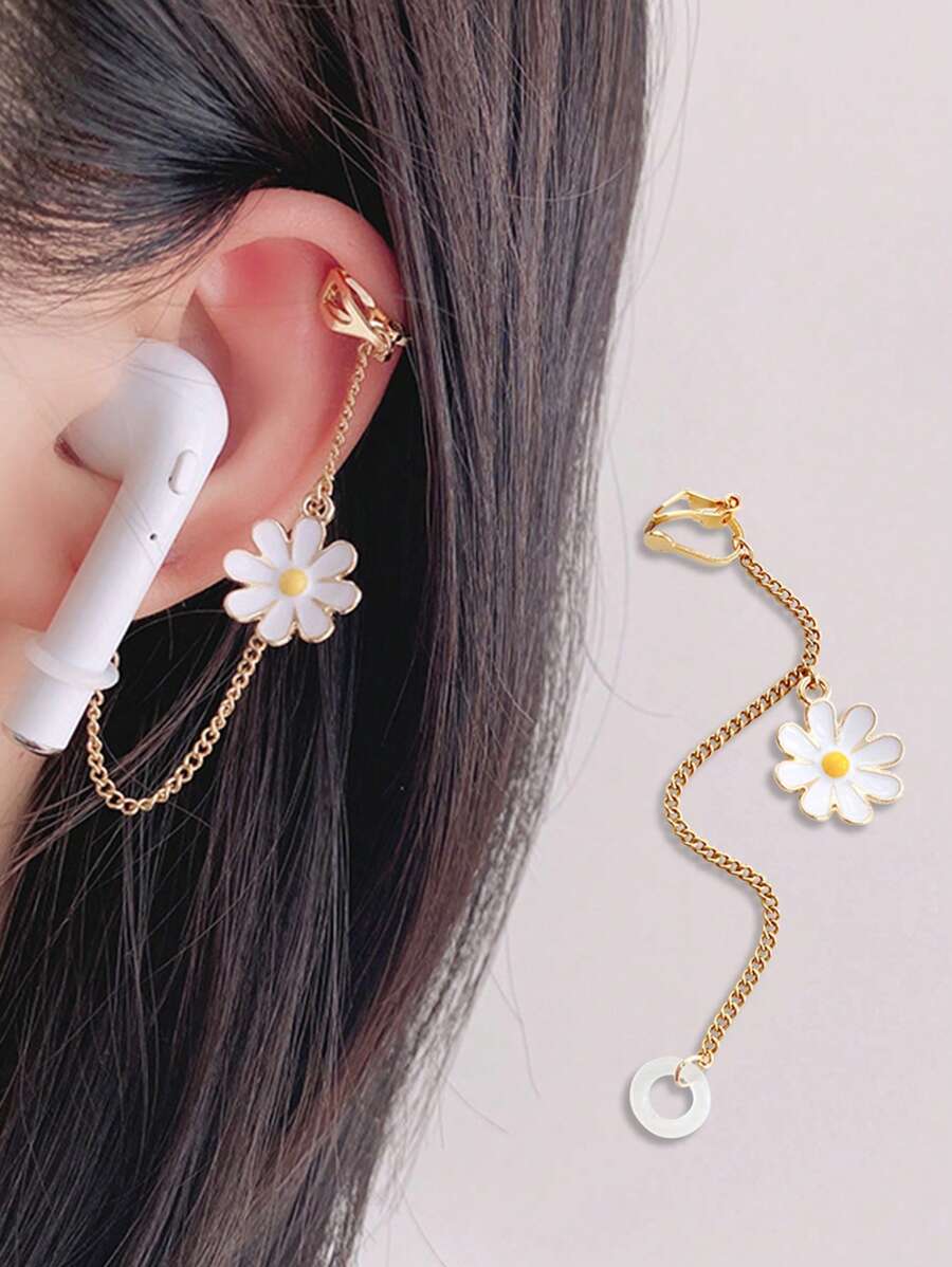 Earphone With Ear Clamp & Daisy Flower Clip, Earphone Chain, Earring ...