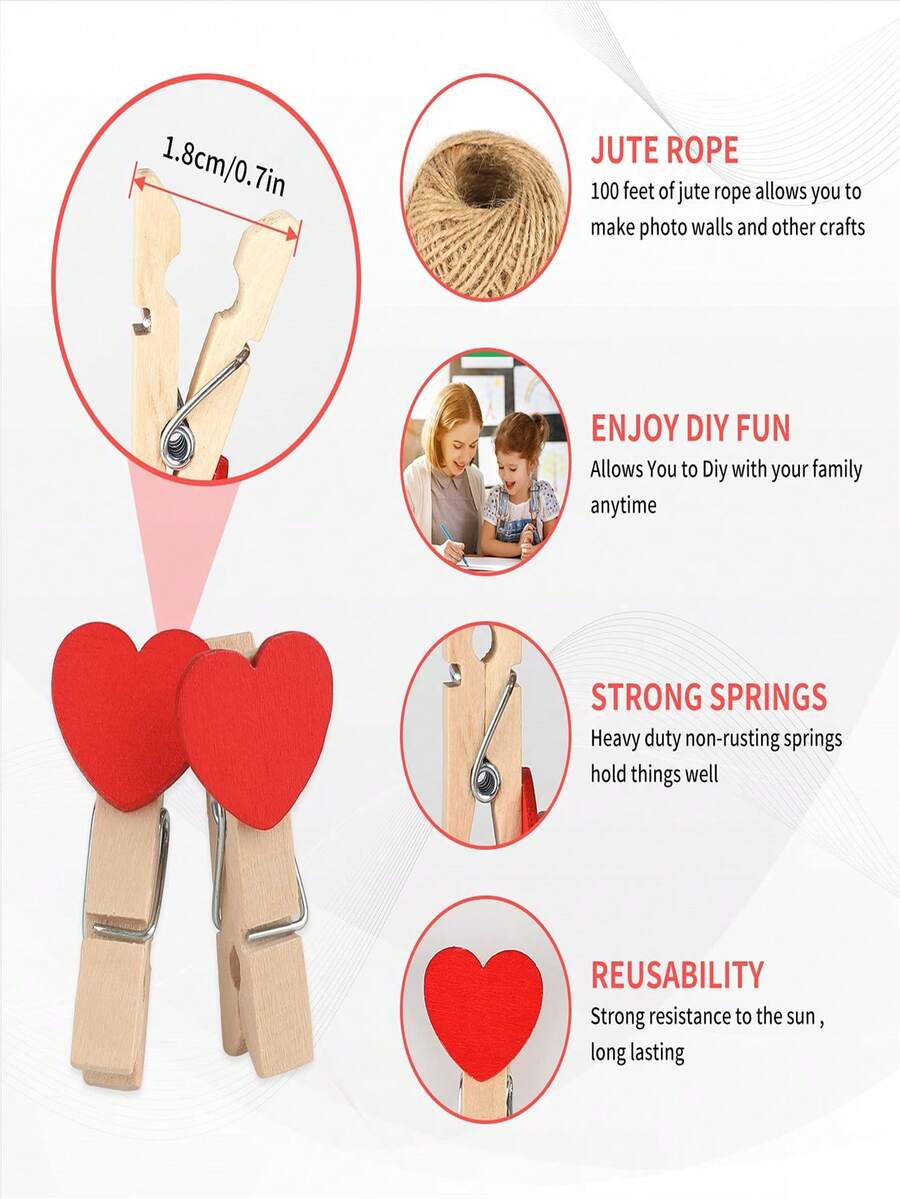 30Pcs Wooden Heart Clothespins, Red Small Clothespins With Heart, Heart ...