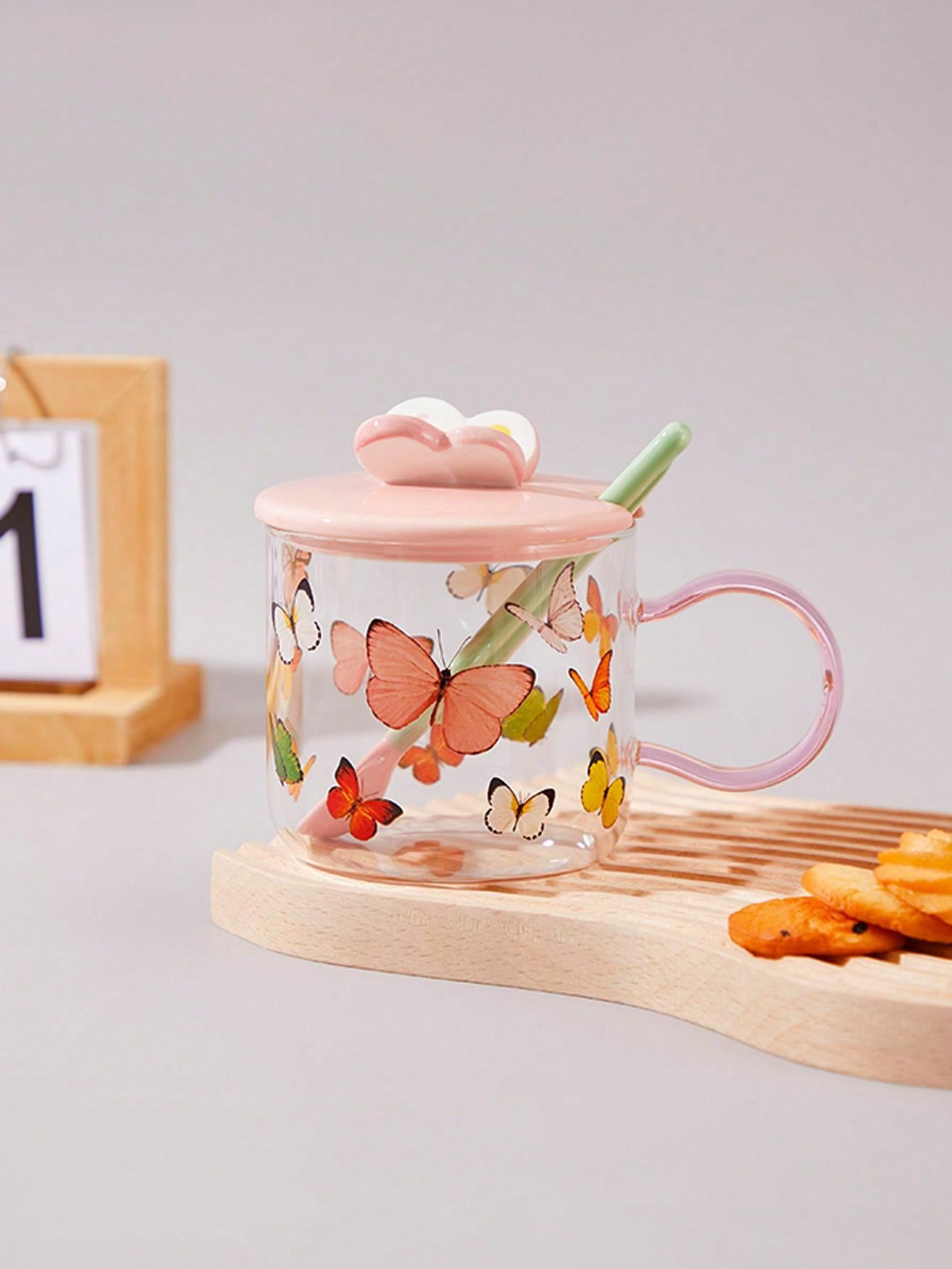 1PC 600ml/20oz With Cover Butterfly Glass Cup,Butterfly Decorated Water ...