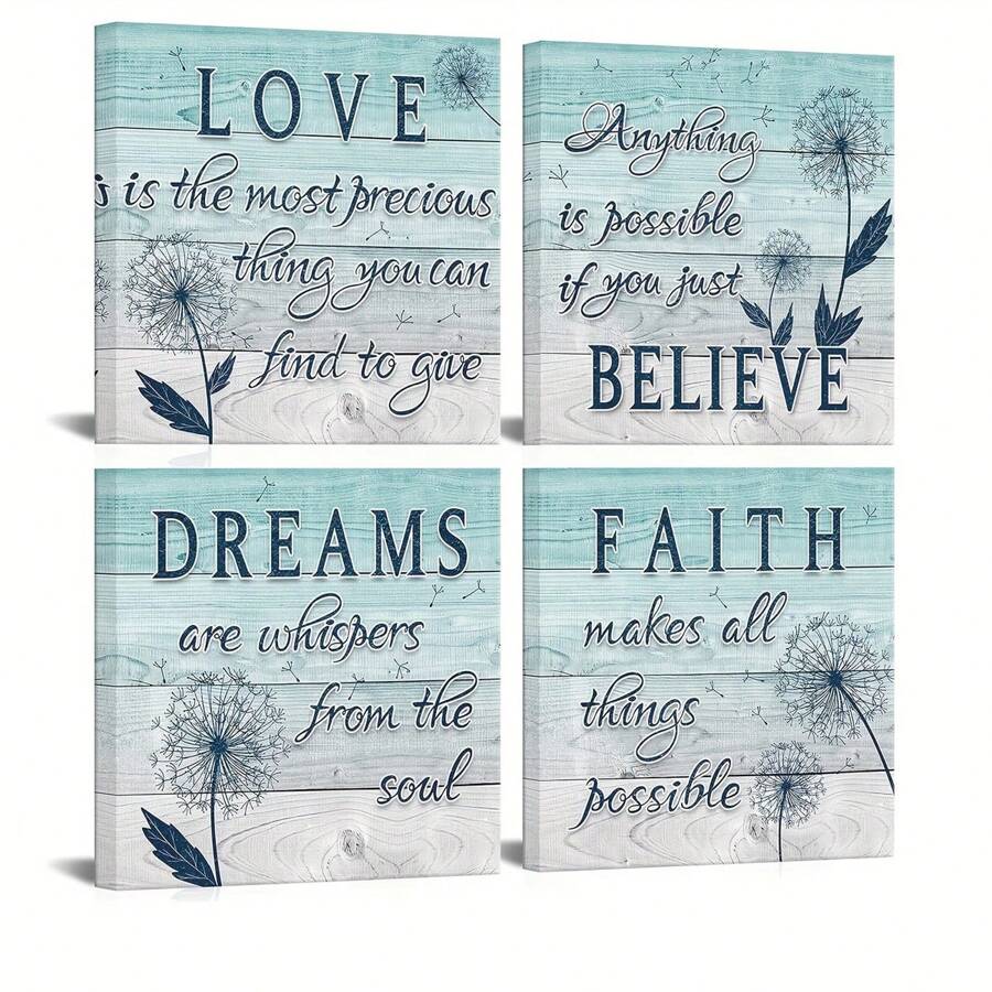 4pcs/Set Motivational Quote Canvas Print Posters, Teal Blue Dandelion ...