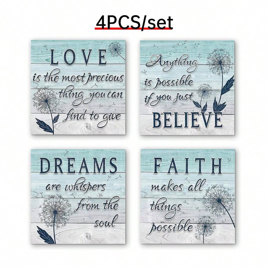 4pcs/Set Motivational Quote Canvas Print Posters, Teal Blue Dandelion ...