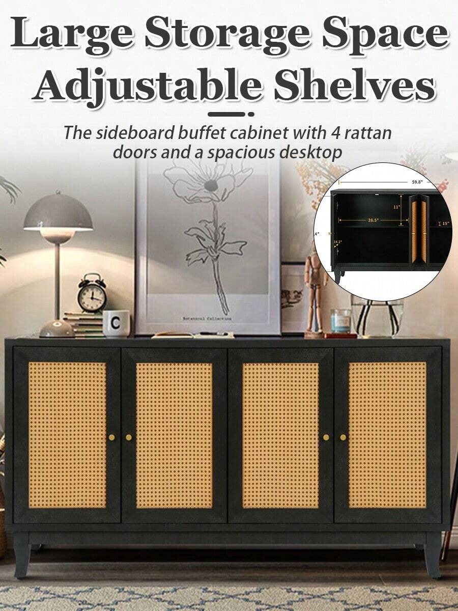 Yoglad Sideboard Buffer Cabinet With Four Rattan Doors, Modern Storage ...