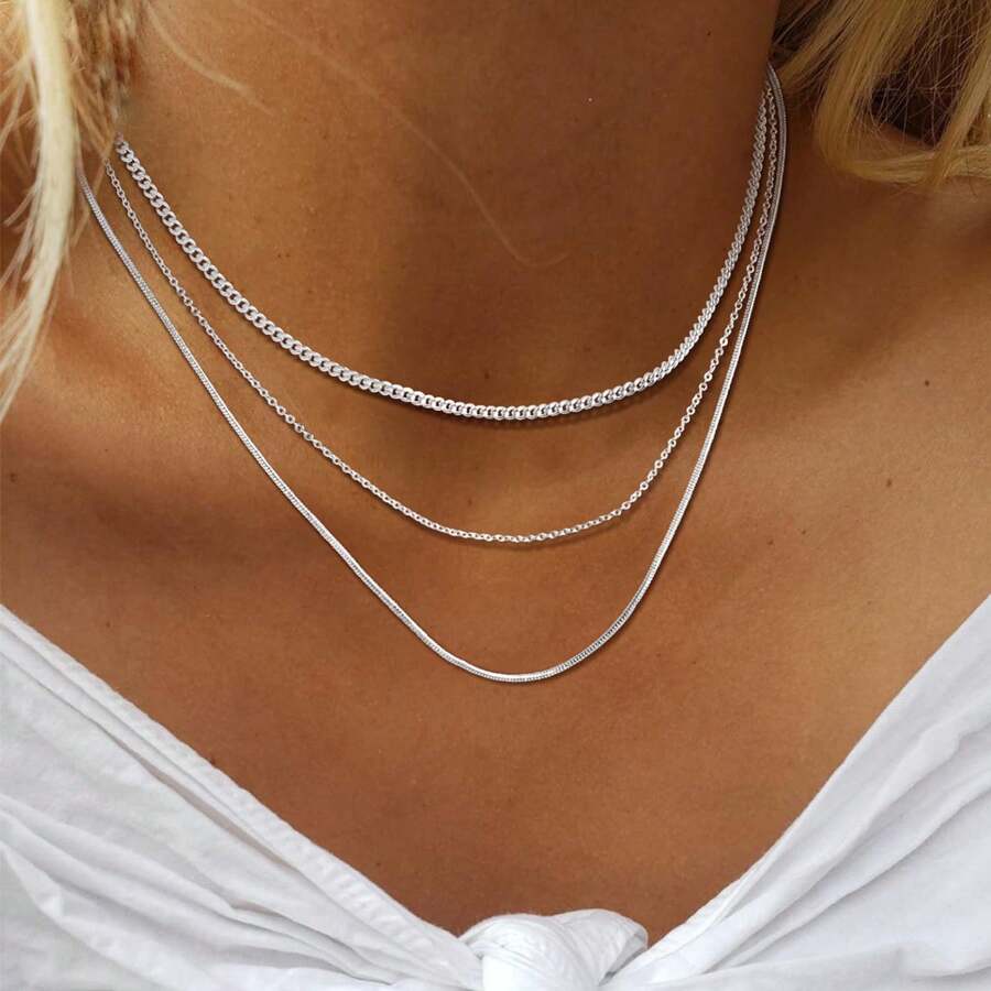 Oyeah Jewelry 3PCS Sliver Chain Necklace For Women, Dainty 14K Gold ...