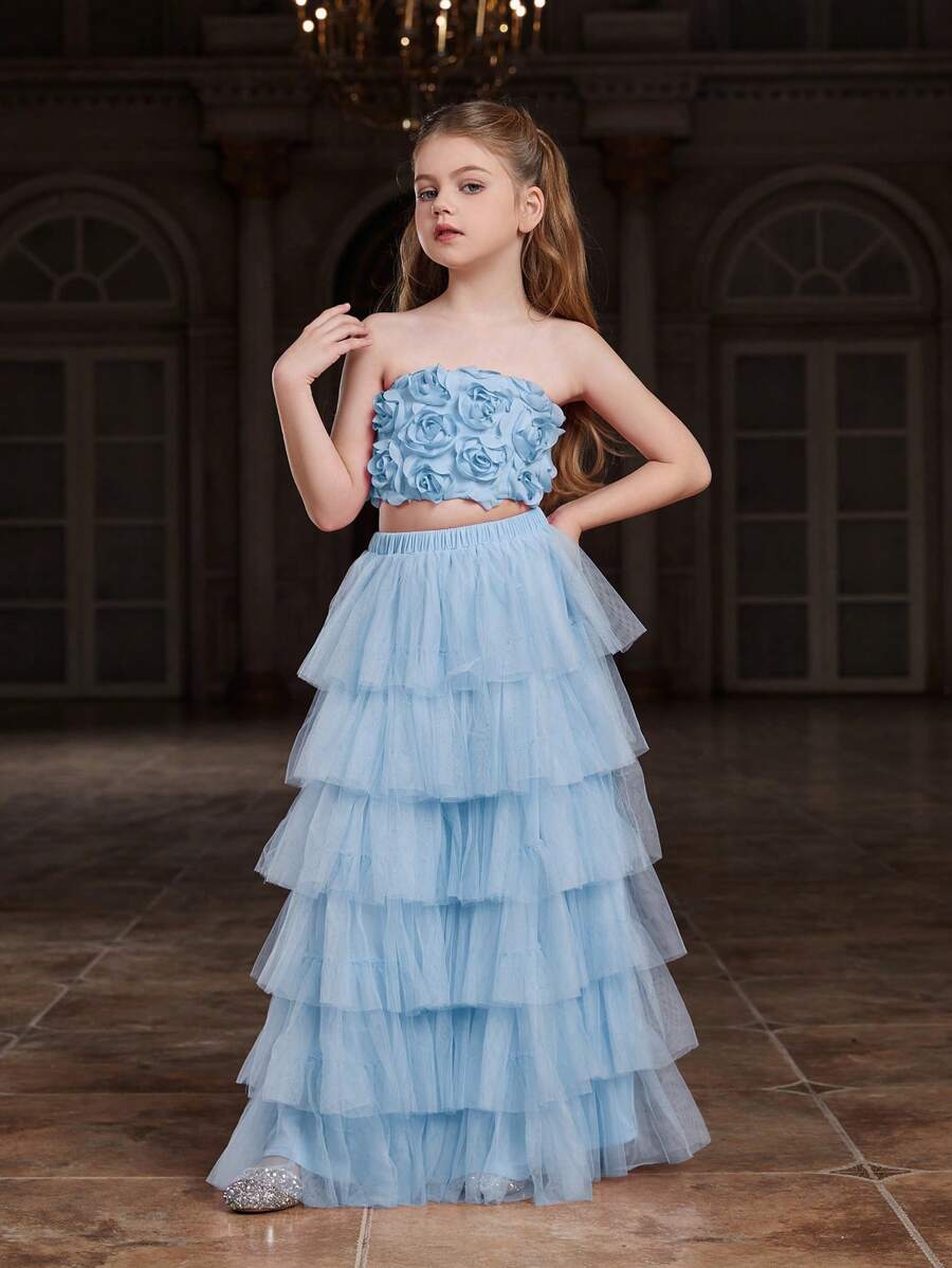 Tween Girl Floral Strapless Top And Layered Mesh Skirt Party Set | SHEIN UK