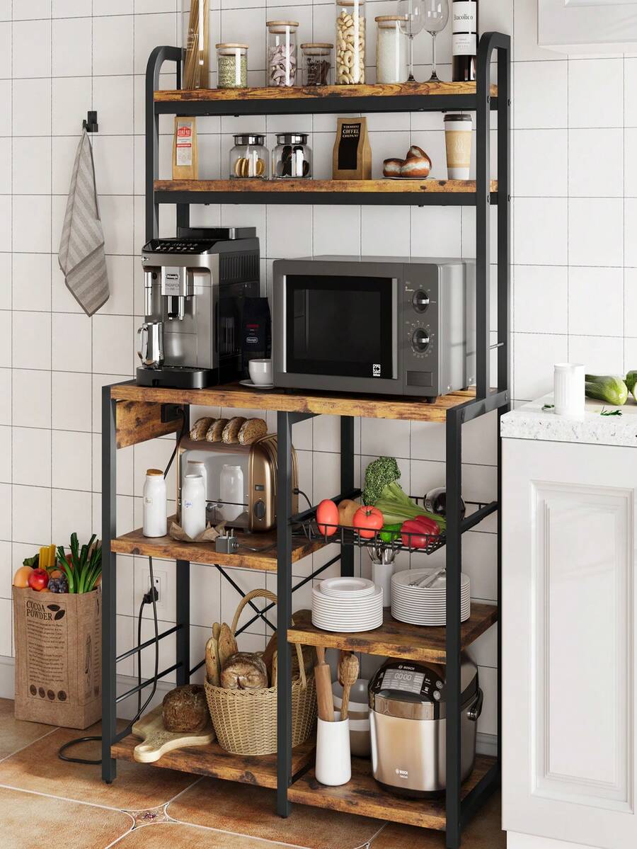 Bakers Rack With Power Outlet, Kitchen Baker Rack With Wire Basket ...