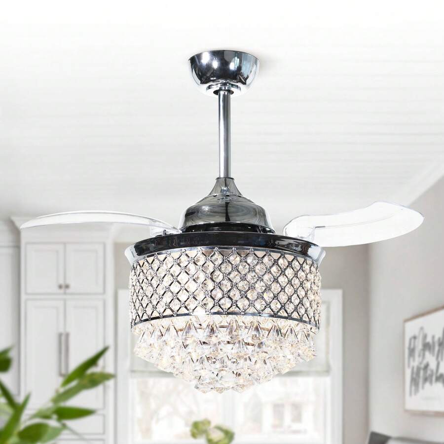 36 In. Indoor Chrome Retractable Crystal Chandelier Ceiling Fan With ...