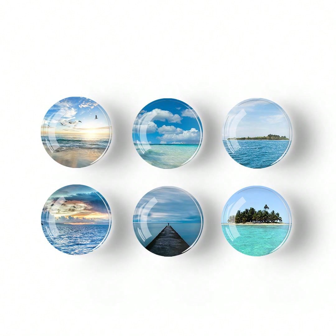 12PCS, Round Crystal Glass Refrigerator Magnets, Seaside Landscape ...
