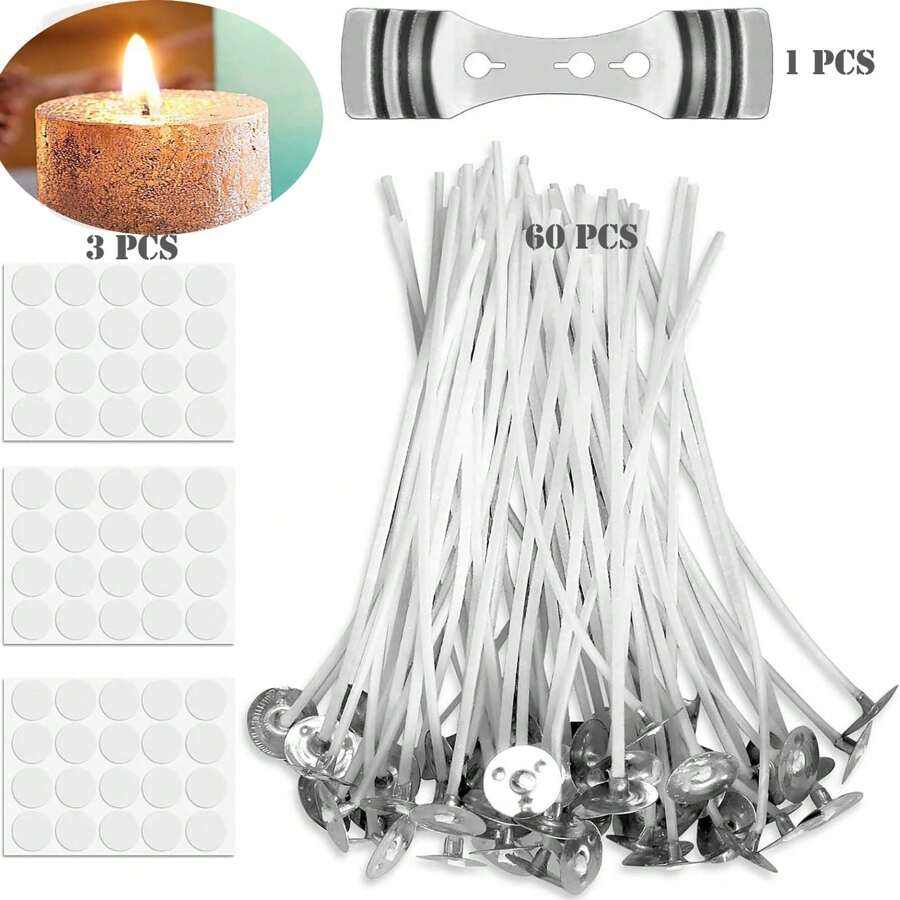 60 Pcs Waxed Candle Wicks Set With 3 Pcs Candle Wick Stickers And 1 Pc ...