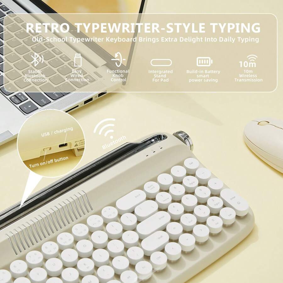 YUNZII B309 Upgraded Wireless Typewriter Keyboard, Retro Keyboard With ...