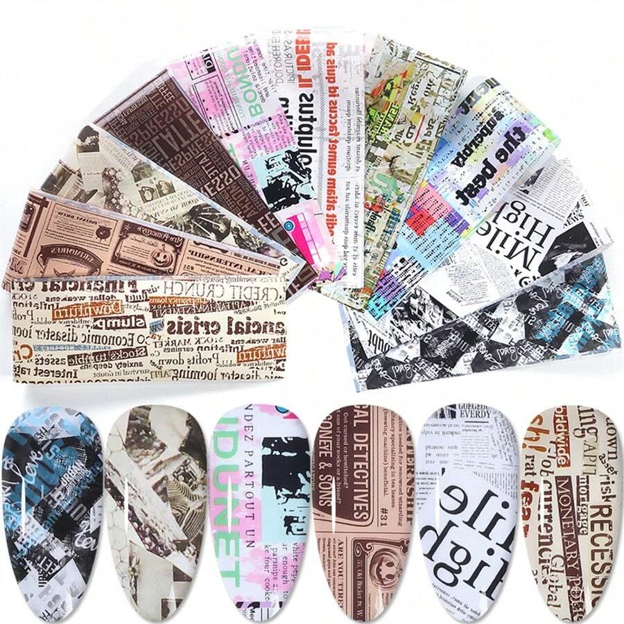 10pcs Vintage Newspaper Nail Art Foil Transfer Stickers, Magazine ...