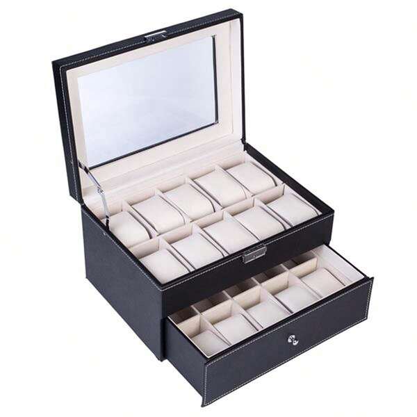 20 Compartments Dual Layers Elegant Wooden Watch Collection Box Black ...