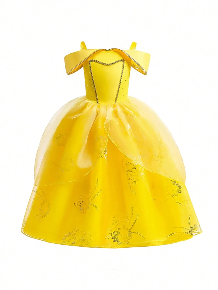 Young Girl Yellow Party Dress With Spaghetti Straps, Satin Fabric ...