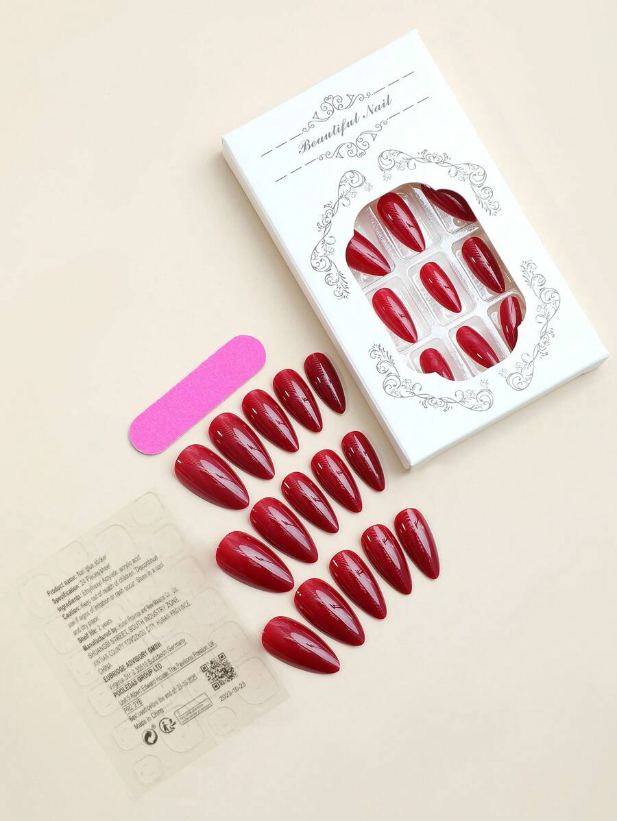 24 Pcs Red Solid Color Almond Shape Press On Nails Glitter Press On ...