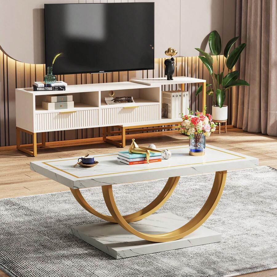 Tribesigns Modern Coffee Table White Gold Coffee Table Rectangle Coffee Table For Living Room ...