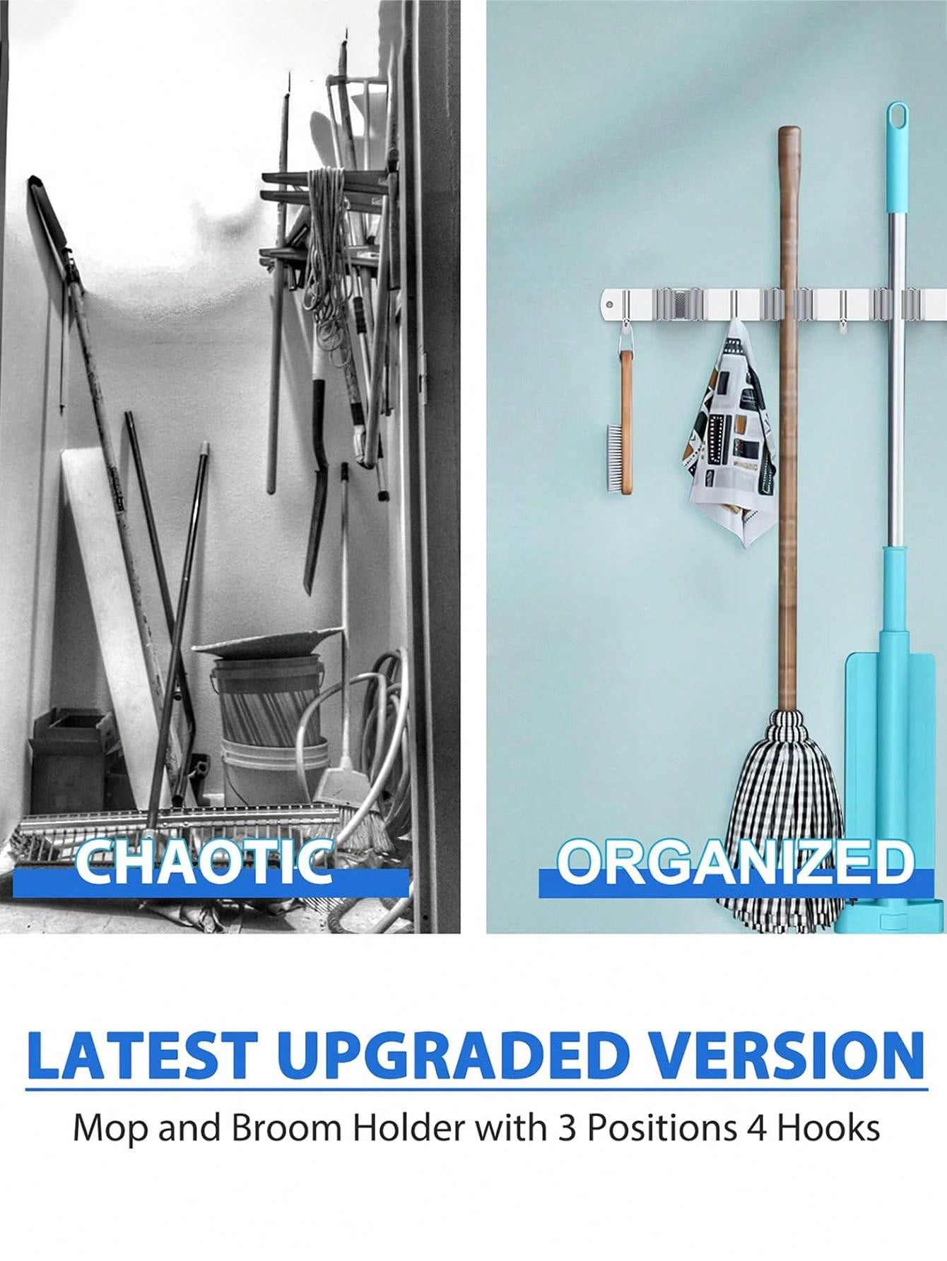 Heavy Duty Wall Mounted Broom Rack With 4 Hooks - Stainless Steel Frame ...