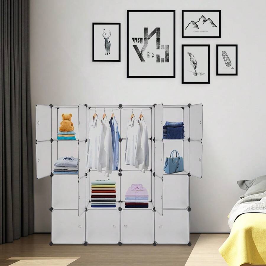 ITopRoad Closet Organizer Plastic Cabinet, 16 Cube Wardrobe Cubby ...