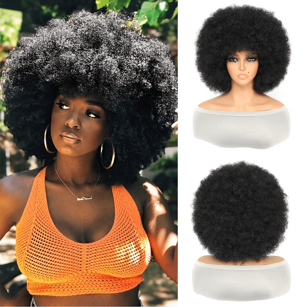 Black 10 Inch Afro Kinky Curly Synthetic Wigs 70s 80s Wigs Large Bouncy ...